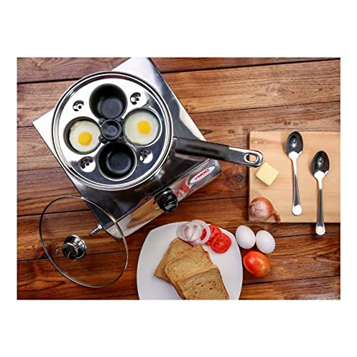 Vinod Non Stick Egg Poacher Pan – Skillet, Glass Lid, Removable Cup Tray - 4 Large Cups - Stainless Steel Poached Egg Cooker – Food Grade Egg Poaching – Heat Friendly Handle - Free Silicon Spatula
