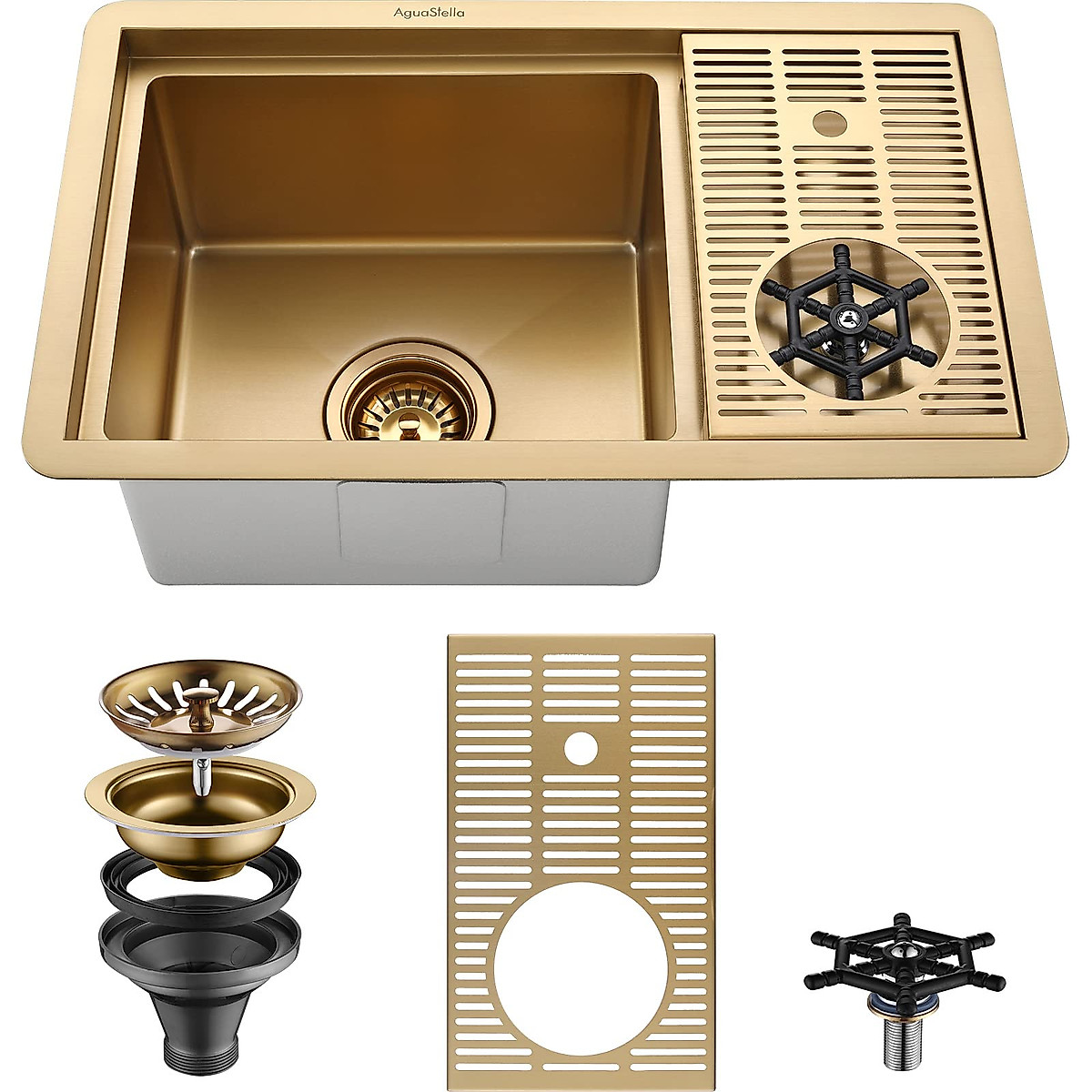 AS1514XG Brushed Gold Bar Sink with Glass Riner and AguaStella AS59BG Brushed Gold Pull Down Bar Faucet