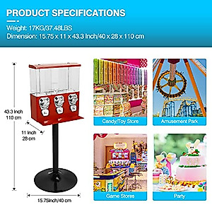 IRONWALLS Commercial Candy Vending Machines for Business, Red 3-Compartment Candy Gumball Vending Machine with Stand, Coin Operated Metal Candy Dispenser Vending Machine for 1”-1.3” Candies