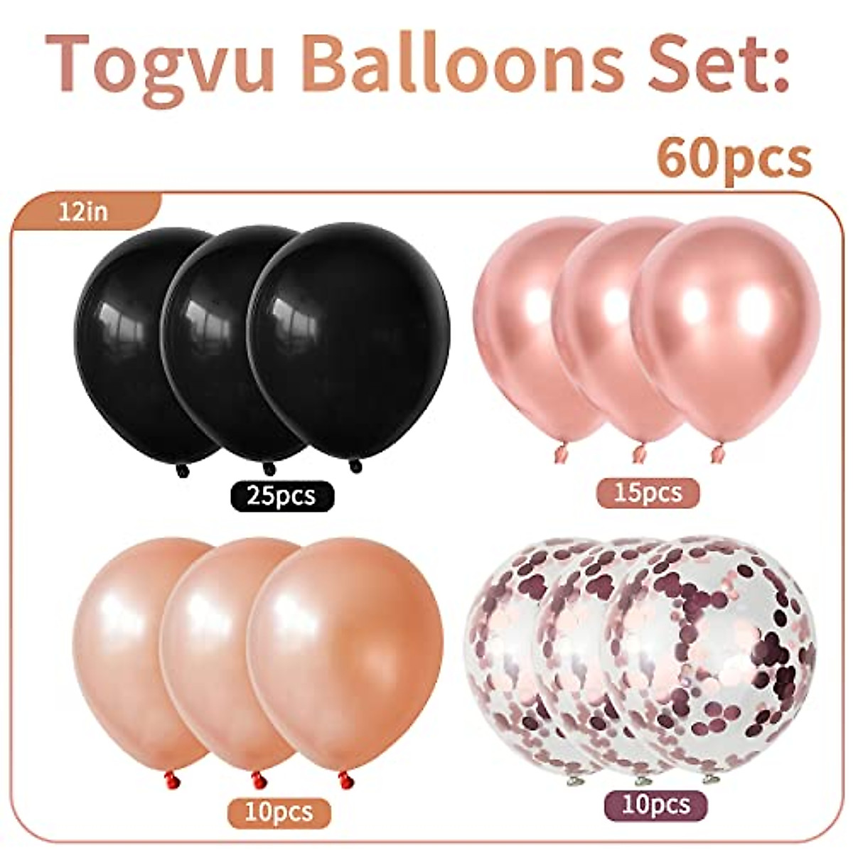 Rose Gold Black Balloons, 60 Pcs Metallic Rose Gold Matte Black Pearl Rose Gold Confetti Latex Balloons, Black Rose Gold Party Balloons for Women Girls Birthday Baby Bridal Shower Wedding Decoration