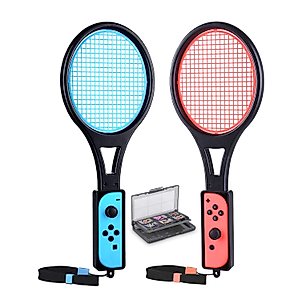 Tendak Tennis Racket for Nintendo Switch Joy-Con, Game Accessories for Mario Tennis Aces Game with 12 in 1 Game Card Case (2 Pack, Black)