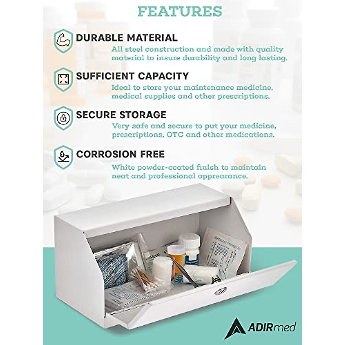 AdirMed Medicine Lock Box for Medication Lock Box with Key - Wall Mounted Locking First Aid Medicine Cabinet, Secured Prescription Storage for Peace of Mind Around Kids at Home, School (Steel White)