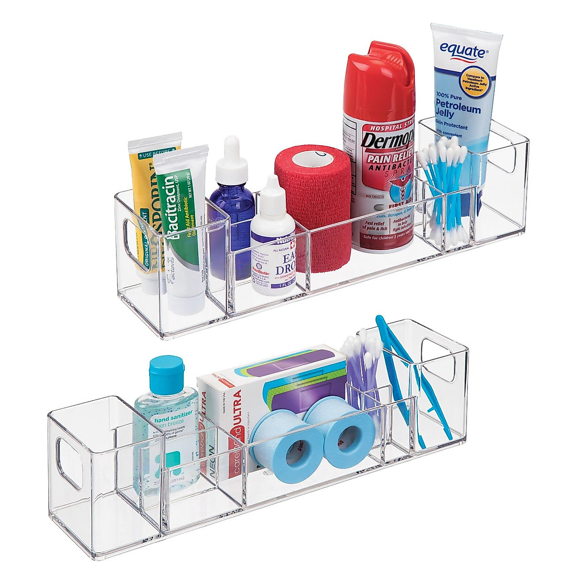 mDesign Plastic Bathroom Medicine Cabinet Organizer with Handles - Divided Vanity Storage Holder/Container for Cotton Swabs, Makeup, Bathroom Essentials/Toiletries, Lumiere Collection, 2 Pack - Clear