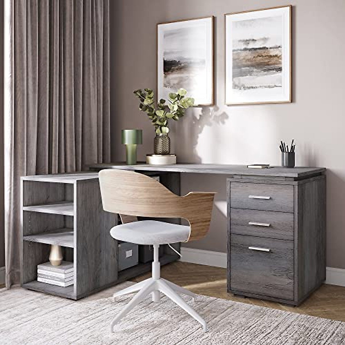 BELLEZE L Shaped Computer Desk, 60” Study Writing Table Home Office Desk Morden Corner Workstation Setup with Adjustable Storage Shelves and 3 Drawers, Gray Wash
