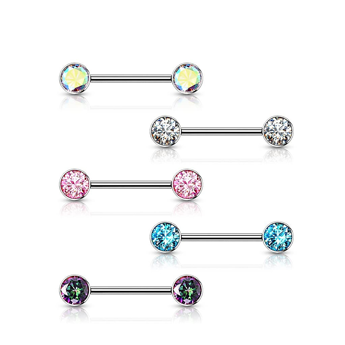 Pierced Owl 14GA Implant Grade Titanium 5/8" Internally Threaded Bezel Set Crystal Nipple Barbells, Sold as a Pair (Aurora Borealis)