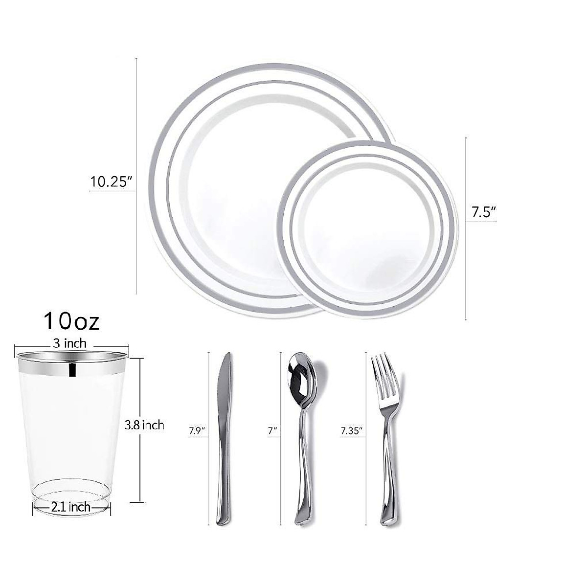 700 Piece Plastic Silver Dinnerware Set - 200 Rim Plates - 300 Silverware - 100 Cups - 100 Linen Like Silver Napkins, 100 Guest Disposable Dinnerware Set