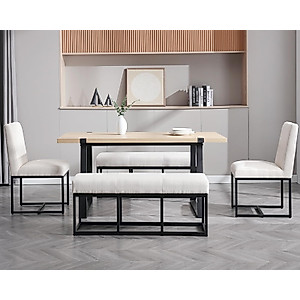 HNY Mid Century Modern Upholstered Kitchen Dining Bench Metal Entryway Bench Seat, 45 Inch Linen Tufted Bench Ottoman Indoor Window Bench for Bedroom End of Bed/Living Room/Mudroom/Narrow/, Cream