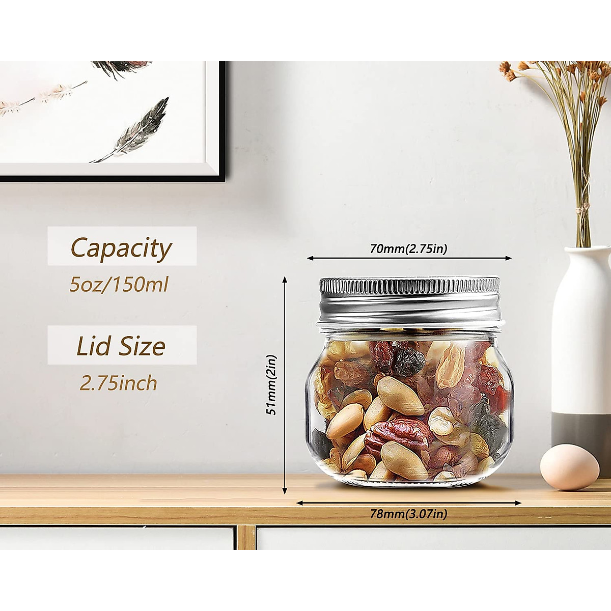 YUEKUI 6 PCS Mason Jars with 70mm Regular-Mouth Glass Canning Jars, clear glass jars with Silver Metal Lids for Jelly, Sara,Bird’s Nest, Jam, Milk Tea,wedding-gifts,as an element of interior(2pcs 4.8oz/2pcs 8oz/2pcs 16oz)