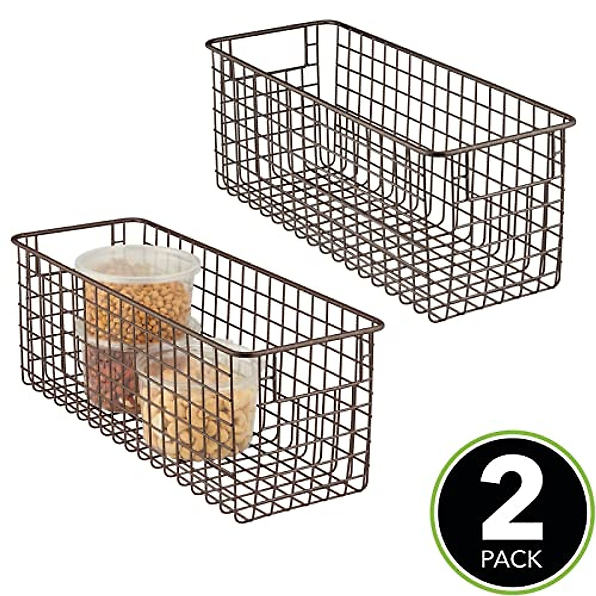 mDesign Slim Metal Wire Food Storage Organizer Basket with Handles - Organization in Kitchen Cabinets, Pantry Shelf, Bathroom, Laundry Room, Closets, Garage, Concerto Collection, 2 Pack, Bronze
