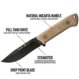 Buck Knives 104 Compadre Camp Knife with 4-1/2" Cobalt Grey Cerakote Coated 5160 Steel Fixed Blade, Natural Micarta Handle, Genuine Leather Sheath Included