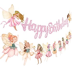 Fairy Birthday Party Banner Glitter Pink Fairies Birthday Party Decorations Fairy First Party Banners Fairy Birthday Cutout Banner for Fairy Garden Baby Shower Supplies