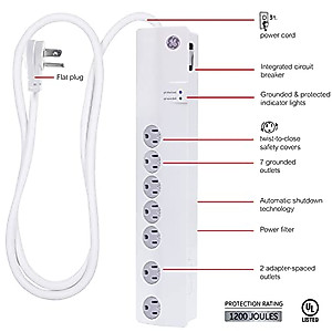 GE Pro 7-Outlet Surge Protector, 3ft. Power Cord, Twist-to-Lock Safety Covers, White, 34768