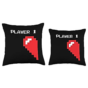 Player 1 Player 2 Couple Gamer Valentine's Gifts Matching Gamer Couple Valentine's Gift 1 Player 2 Throw Pillow, 18x18, Multicolor