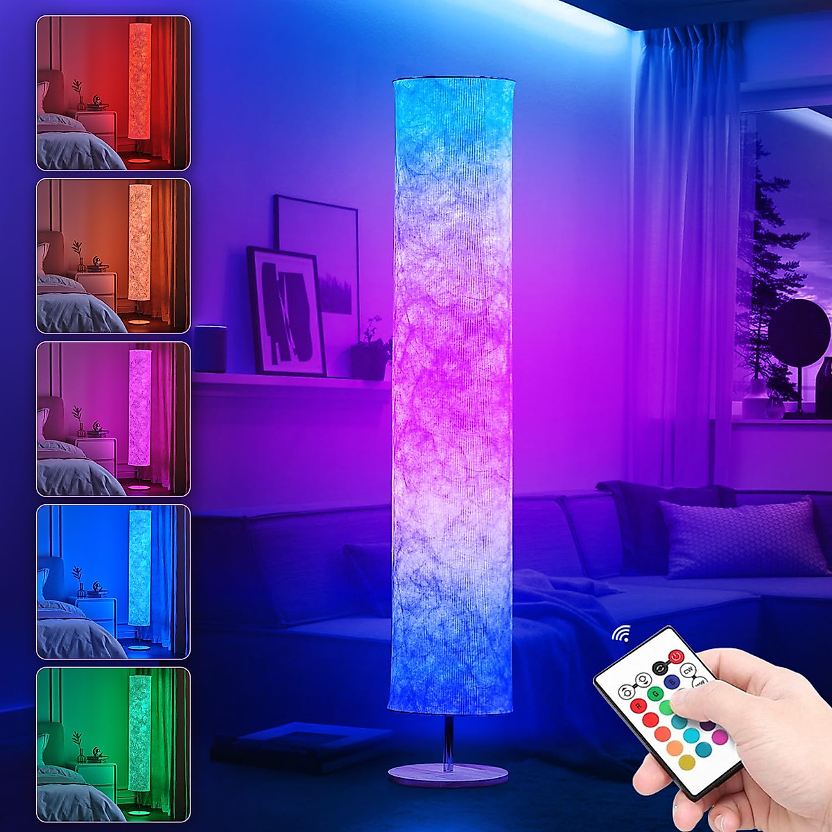 LED Soft Light Floor Lamp, 52" Simple Design Morden Slim RGB 16 Color Changing Tyvek Fabric Shade Dimmable Remote Control & 2 Smart LED Bulbs Standing Lamp for Living Room Bedroom Game Room