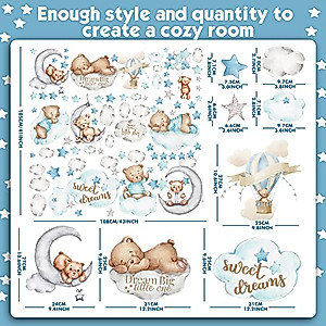 12 Sheet 78 Pcs Bear Wall Decals Decor, Sweet Dreams Little One Cloud Balloon Bear Boys Wall Decor Cute Bear Sleeping on The Moon Stars Wall Sticker for Kids Baby Room Nursery Decor