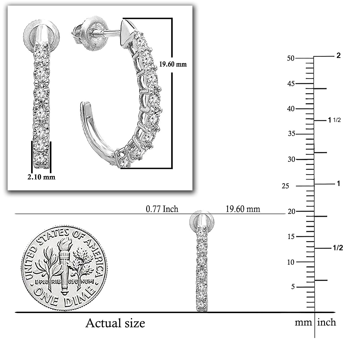Dazzlingrock Collection 0.15 Carat (ctw) Round White Diamond J Shaped Classic Hoop Earrings for Her in 925 Sterling Silver in Screw Back
