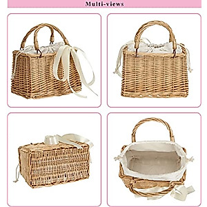 TaiGuri Women's Handmade Rattan Straw Ribbon Bow Woven Purse Handbag Tote Shoulder Bag Beige