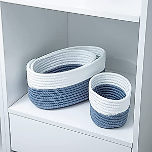 Hombins 3 Set Cotton Rope Storage Baskets with Handles | Round Baskets Set for Organization, Toy Basket, Small Soft Baby Nursery Baskets, Cat Dog Toy Basket, Gift, White&Blue