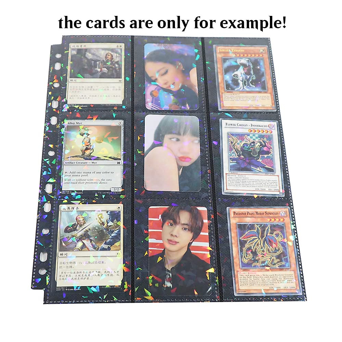 30PCS Holographic Trading Card Sleeve Pages Gemstone Foil Card Sleeves TCG&Photo 9 Pockets Fit 3 Ring Binder Pages (Side Loading Black Pages)