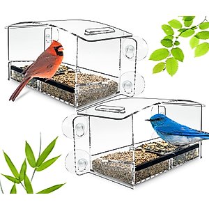 GoGiffy (2-Pack) Acrylic Window Bird House Feeders for Outside Viewing | Large Capacity with 4 Strong Suction Cups | Removable Seed Tray with Drain Holes | Easy to Refill & Clean | Squirrel Chew Proof
