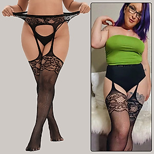 MANZI Plus Size Stockings Thigh High Fishnet Stockings Suspender Patterned Tights for Women Pattern B Floret Pack of 2