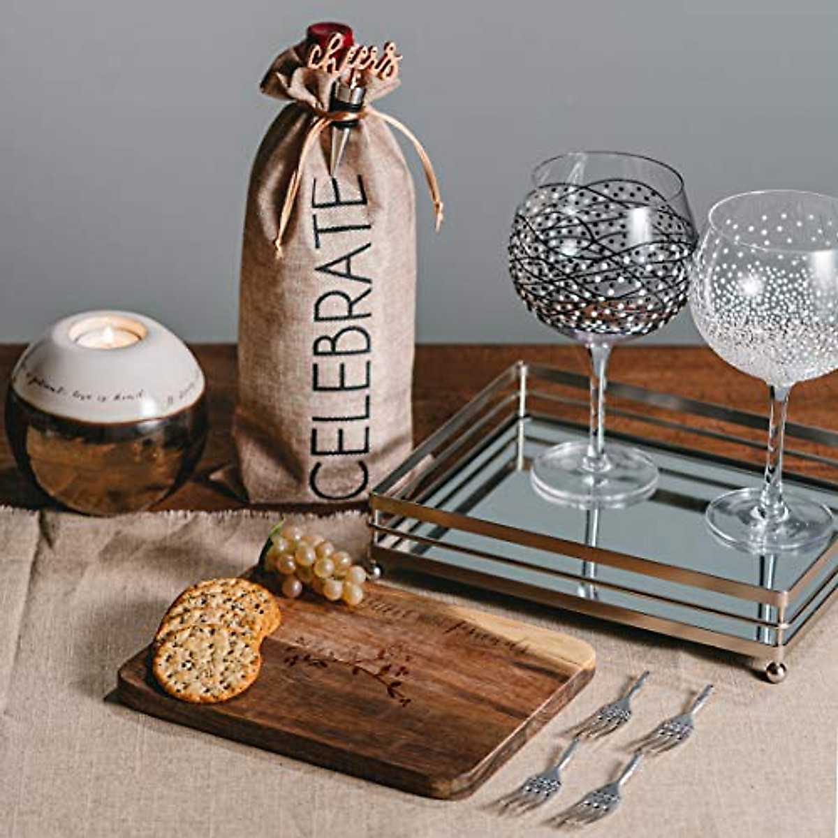 Pavilion Gift Company Life is Better with Friends Birds 7 x 9 Inch Cutting Cheese Board, Set of 4 Forks with Debossed Text, 9", Brown