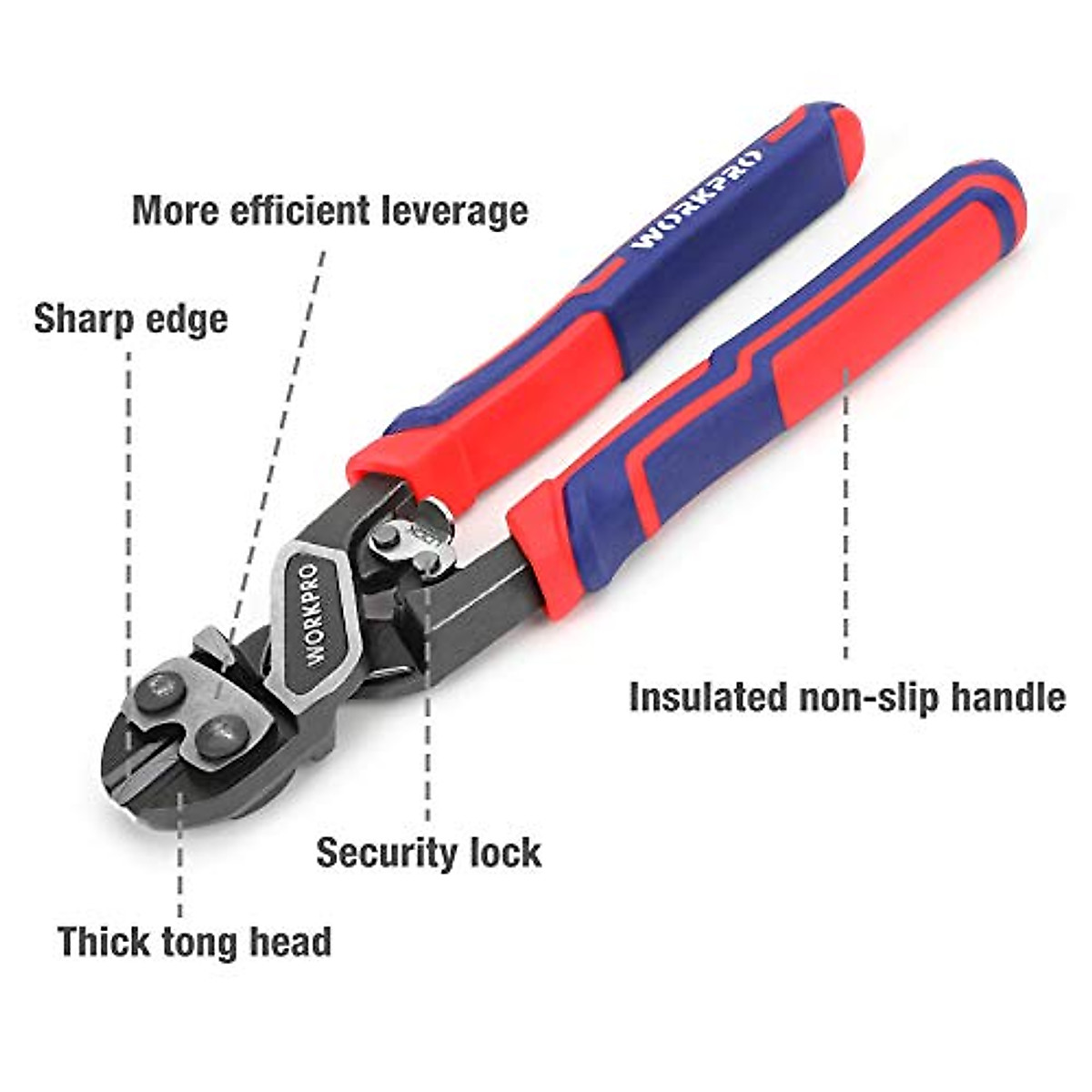 WORKPRO 8" Mini Bolt Cutter, Three-color Bi-Material Ergonomic Handle with Security Lock & More Efficient Leverage, Chrome Molybdenum Steel Blade