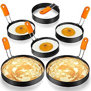 6 Pcs Professional Egg Ring Pancake Ring Set Stainless Steel Fried Egg Ring Griddle Pancake Shapers with Orange Silicone Handle for Breakfast Omelette Sandwich (4, 6 Inch)