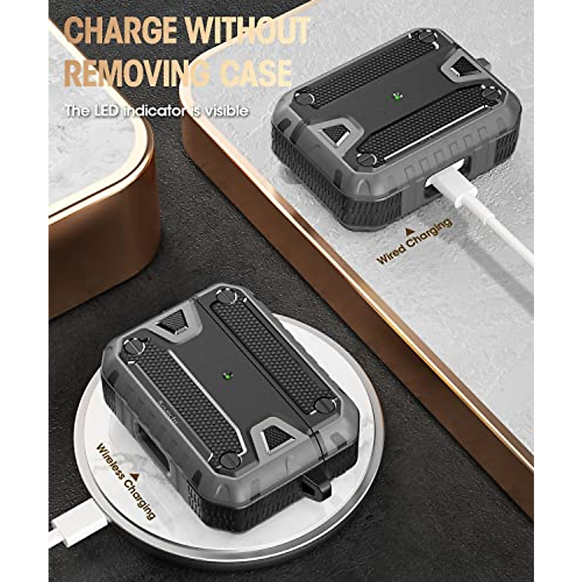 Koaichi Compatible with AirPods Pro(2nd Generation/1st Generation), Full-Body Rugged Hard Shell Protective Case Cover with Keychain Designed for AirPods Pro (2022/2019), Black