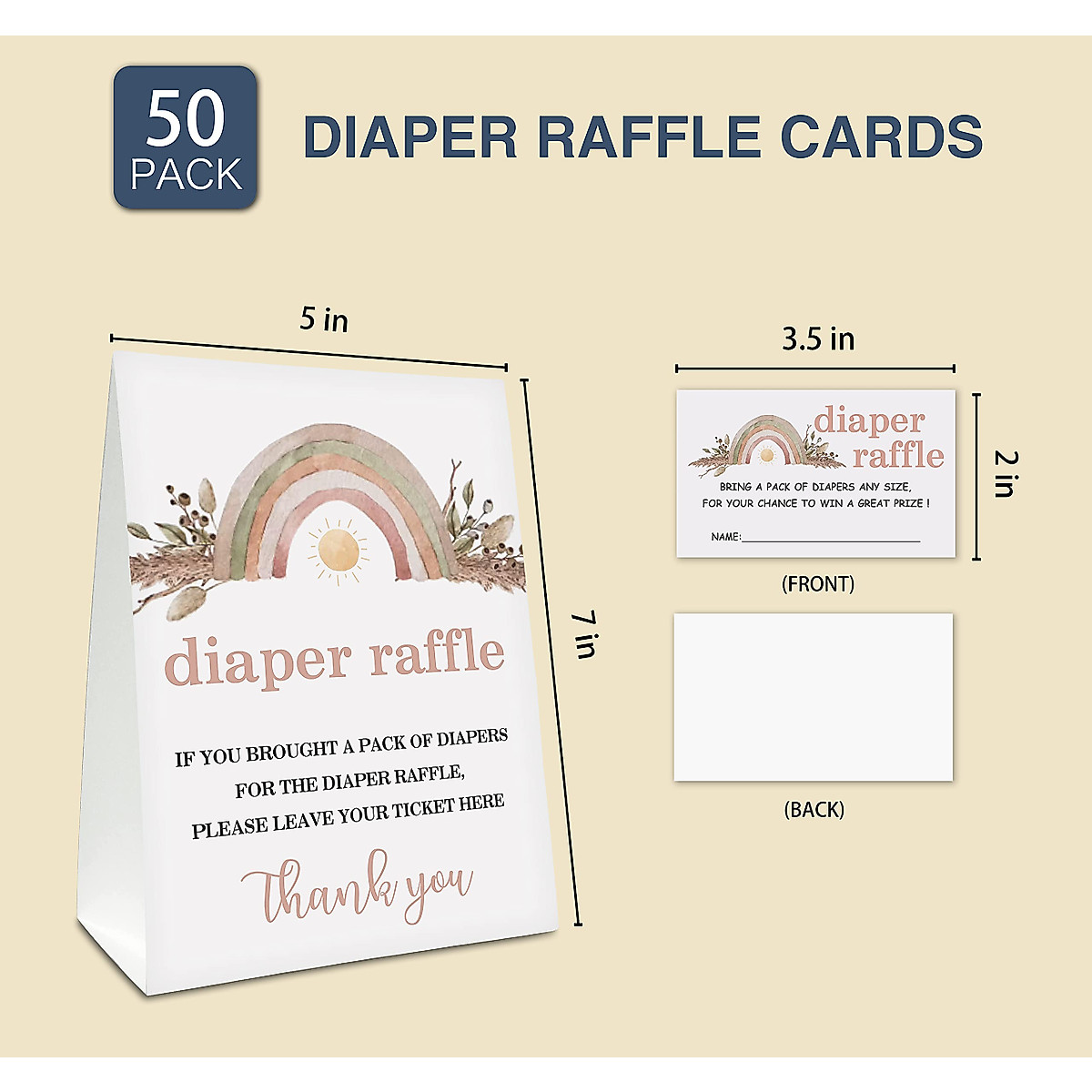 Yuansail Diaper Raffle Tickets for Shower, Rainbow Themed Cards,Party Favors for Showers Game Cards, 1 Sign & 50 Cards Per Pack – (bb001-niaobu)