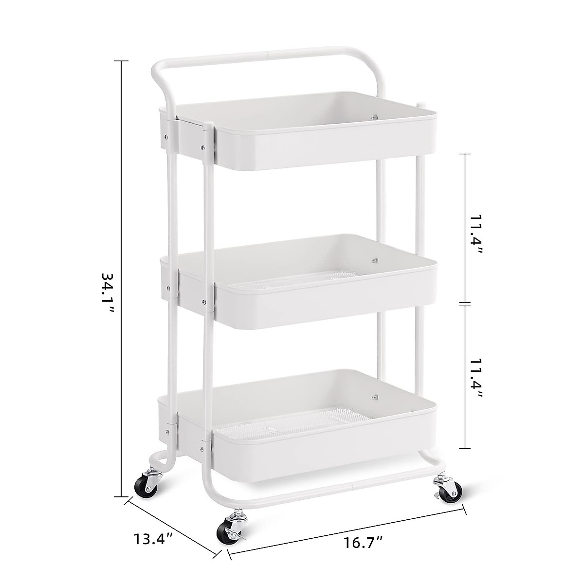 TOOLF 3 Tier Metal Rolling Cart, Utility Cart with Handle, Multifunction Storage Cart with Lockable Wheels, Serving Organizer Trolley with Mesh Basket for Kitchen, Bathroom, Office