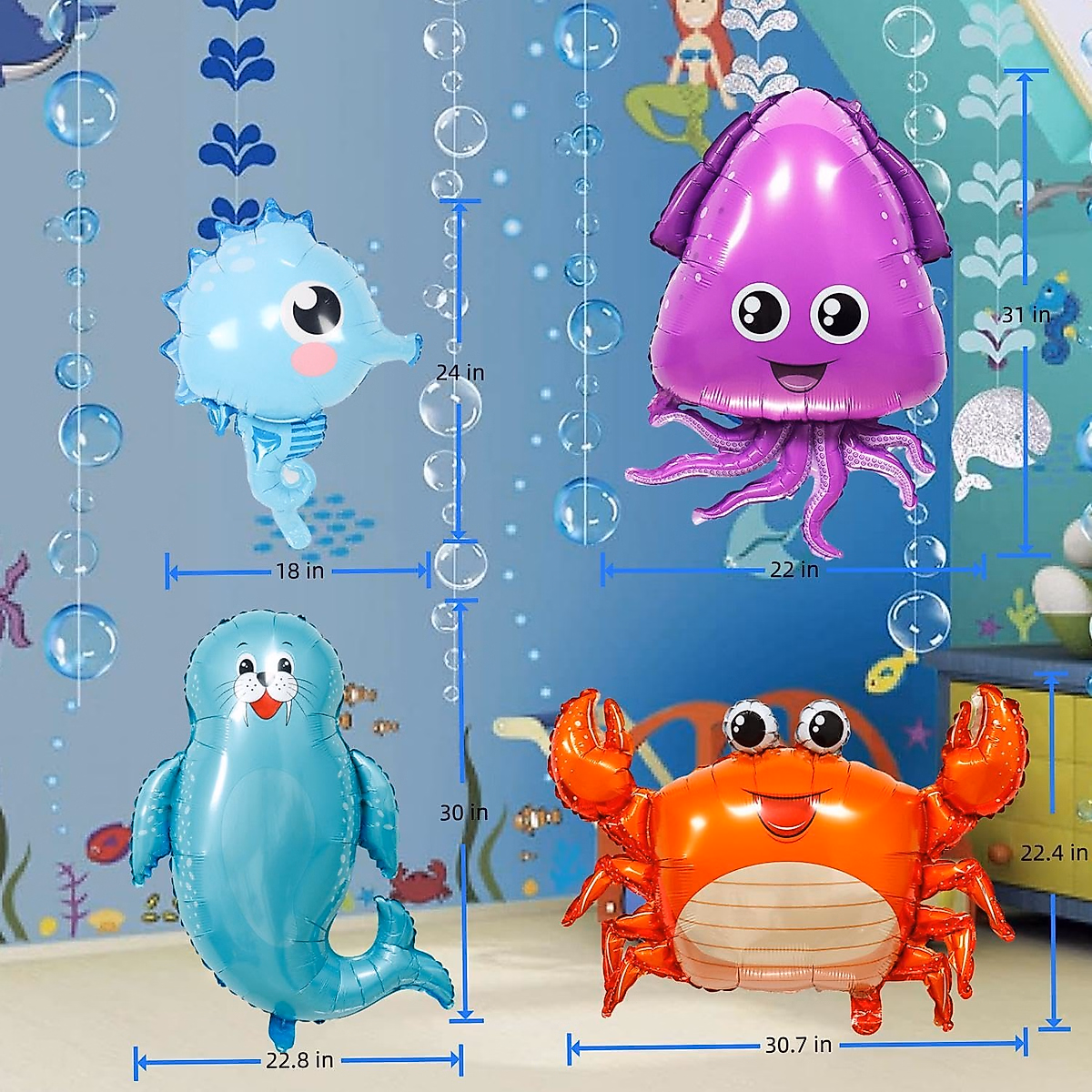 Jiahaoppx 10 Pcs Sea Animal Balloons, Large Shark Dolphin Whale Octopus Fish Hippocampus Crab Sea Lion Conch Starfish Ocean Foil Balloons for Sea Underwater Animals Theme Party Decoration