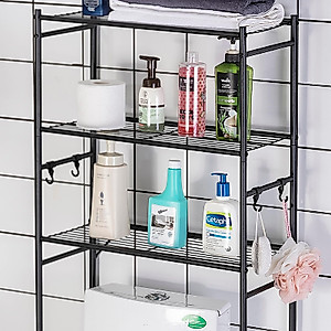 KIMZDA 3-Tier Over The Toilet Storage Rack Bathroom Space Saver Metal Towel Organizer, with 4-Hooks and Adjustable Feet, Black