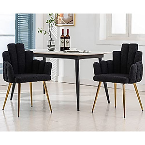 VESCASA Sherpa Accent Chairs with Petal Back, Mid-Century Modern Upholstered Dining Chairs with Arms, Makeup Vanity Chairs with Gold Metal Legs for Living Room/Bedroom, Set of 2, Black