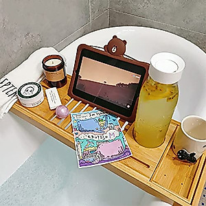 100% Natural Bamboo Bath Caddy Bridge – Extendable Bath Caddy Tray for Tub with ​Wine Glass Holder, Tablet, Kindle