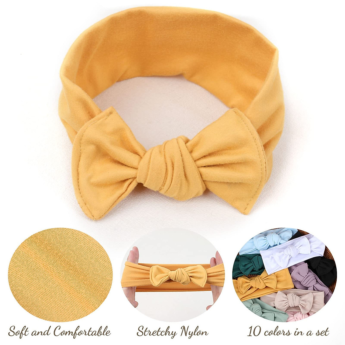 VOBOBE 10 PCS Baby Nylon Headbands Hairbands Hair Bow Elastics Handmade Hair Accessories for Baby Girls Newborn Infant Toddlers Kids (Solid color)