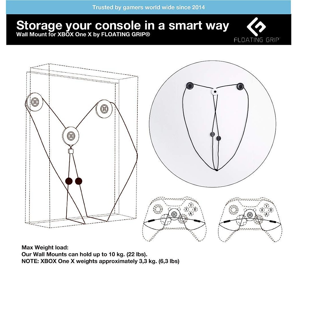 Xbox One X Wall Mount by FLOATING GRIP - Mounting Kit for Hanging Gaming Consoles - Strong & Slim Ropes - Easy-to-Install System (Bundle: Fits Xbox One X + x2 Controllers, Black)