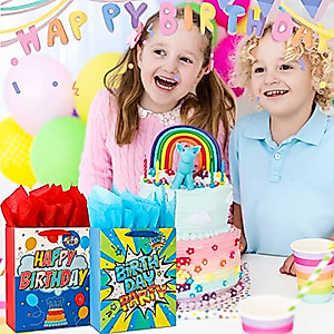 Vammy 13" Large Birthday Gift Bag with Tissue Paper, 2 Pack Happy Birthday Paper Gift Bags (Fireworks Birthday Party, Colorful Cake Candle) for Birthday Party