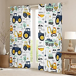 Kids Construction Curtains for Boys,Cartoon Car Excavator Tractor Blackout Curtains 104Wx84L,Cute Equipment Trucks Curtains & Drapes for Toddler Teen Room Decor Yellow Blue Vehicle Window Curtains
