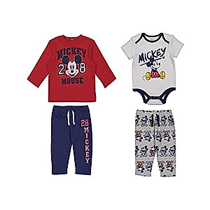 Disney Mickey Mouse Newborn Baby Boys 4 Piece Outfit Set: Bodysuit T-Shirt Pants Mickey Mouse 6-9 Months