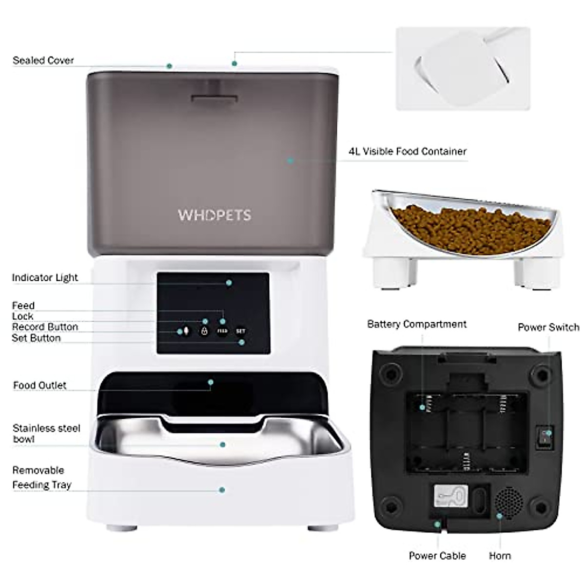 Automatic Cat Feeder, WHDPETS WiFi Enabled Smart Pet Feeder for Cats & Dogs, Auto Cat Food Dispenser with Stainless Steel Bowl, Silicone Dog Bowl, Feeding Mat, APP Control, 10s Voice Recorder