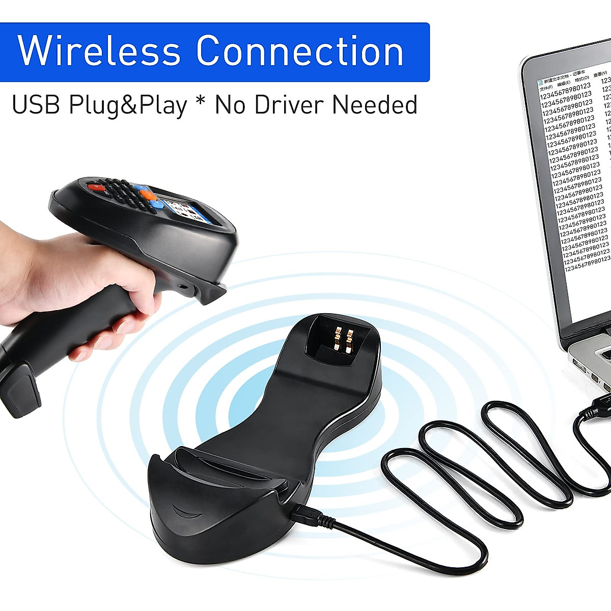 1D 2D Wireless Barcode Scanner, JRHC Portable Inventory Scanner with Charging Base Data Collector Barcode Reader Data Terminal 2 in 1 USB Connection & 2.4G Wireless Bar Code Scanners with 2.2" Screen