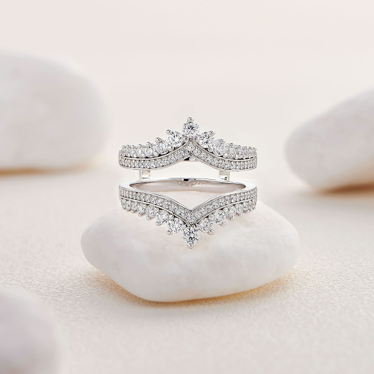 Newshe Cubic Zirconia Wedding Bands for Women Crown Double Ring Enhancer for Engagement Rings 925 Sterling Silver Size 5-10 (White Gold, 8)