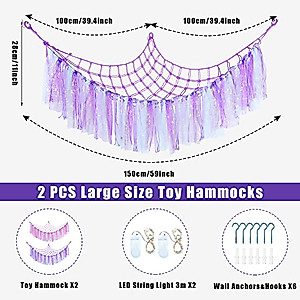 2 Packs Stuffed Animal Net or Hammock with LED Light Plush Toy Hammock Stuffed Animal Storage Holder Hanging Kids Toy Organizers and Storage Net with Tassels for Kids Bedroom Nursery Play Room Decor