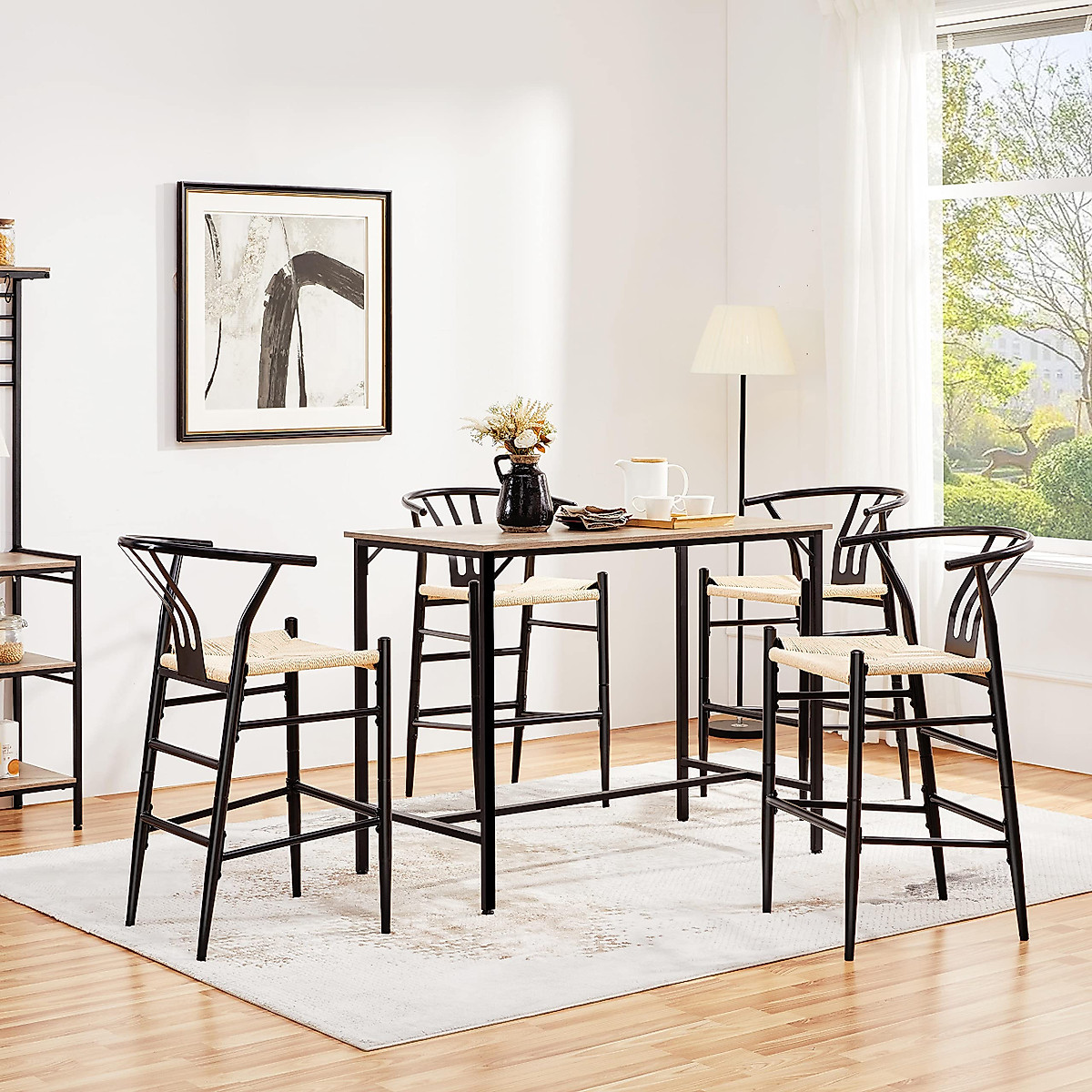 Yaheetech 26'' Weave Counter Stool Set of 2 Bar Stool Mid-Century Modern Metal Barstool Counter-Height Stool Slat Backrest Dining Chair, Black