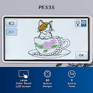 Brother PE535 Embroidery Machine, 80 Built-in Designs, 4" x 4" Hoop Area, Large 3.2" LCD Touchscreen, USB Port, 9 Font Styles