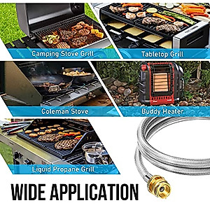 TIPHOPE 6FT Propane Adapter Hose Stainless Braided Propane Hose Converts 1lb Portable Appliances to 5-40lb Tanks,for Buddy Heaters,Coleman Camping Stove