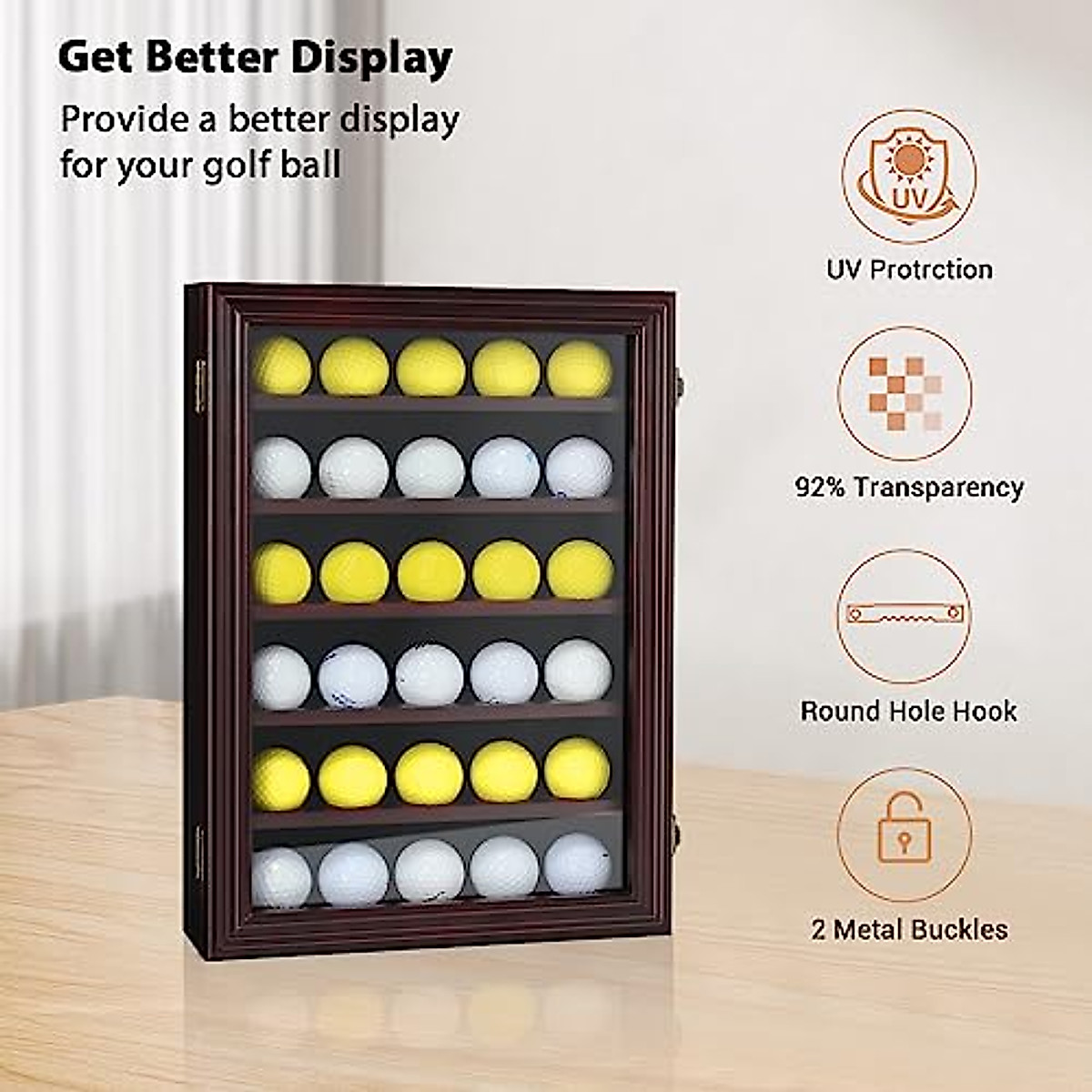 ASmileIndeep Golf Ball Display Case for 30 Golf Balls, Solid Wood Golf Ball Holder Wall Mount with HD Tempered Glass Door, Golf Ball Rack for Golf Enthusiasts