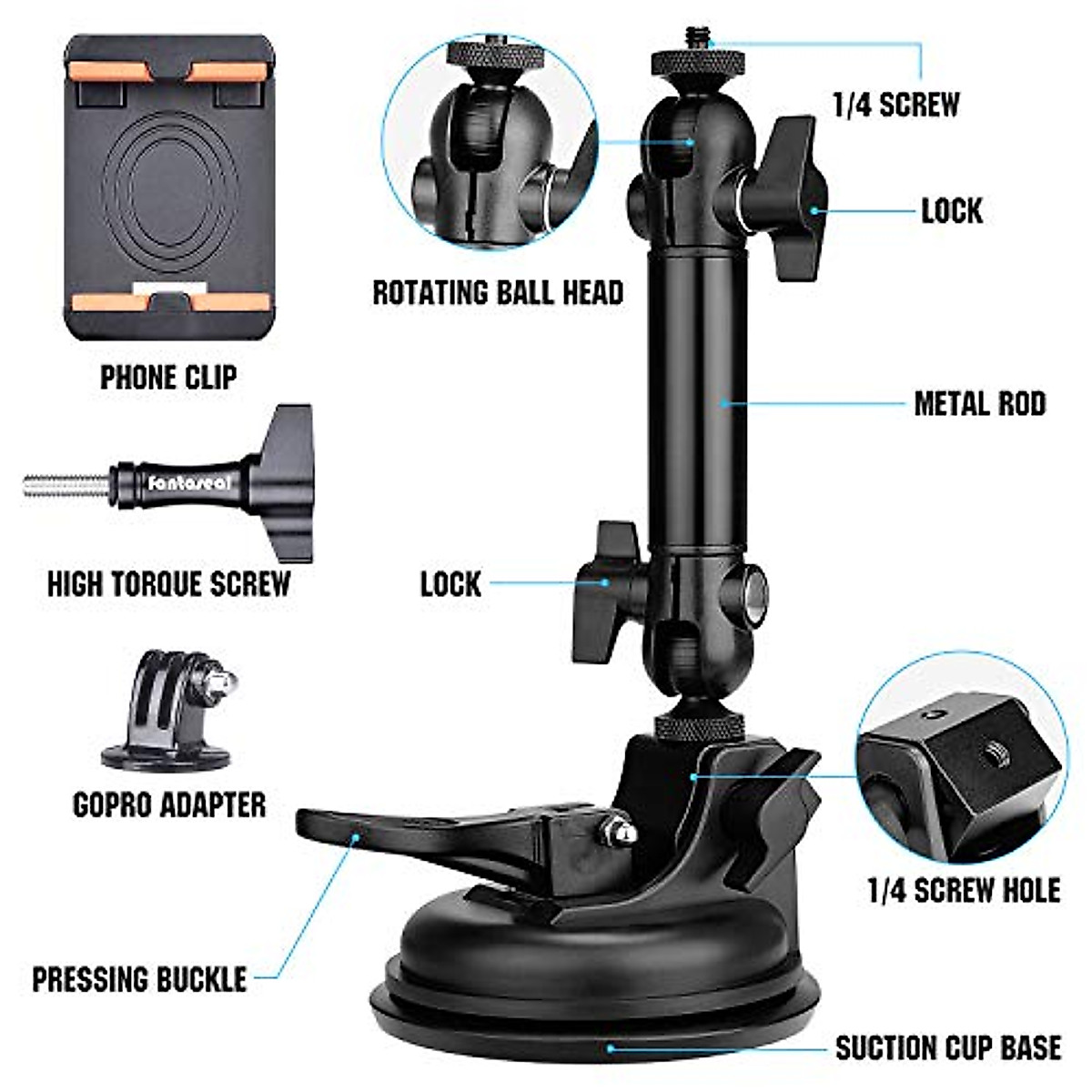 Heavy Duty Super Φ100mm Suction Cup + Adjustable Dual-Ball-Head Action Camera Dash Cam Phone Car Mount Windscreen Window Cockpit Holder for GoPro insta360 iPhone Hi-Speed Video Recording (1.5kg Load)