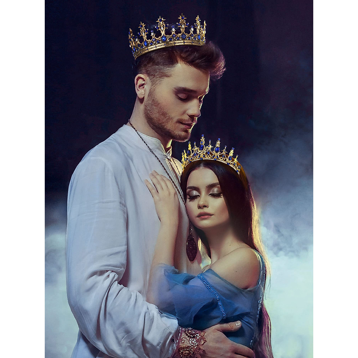 SWEETV Couple Crowns for Women & Men,Crystal Queen Tiara King Crown Set,2-Pack Gold Blue Medieval Hair Accessories for Prom Wedding Photo Shoot Birthday